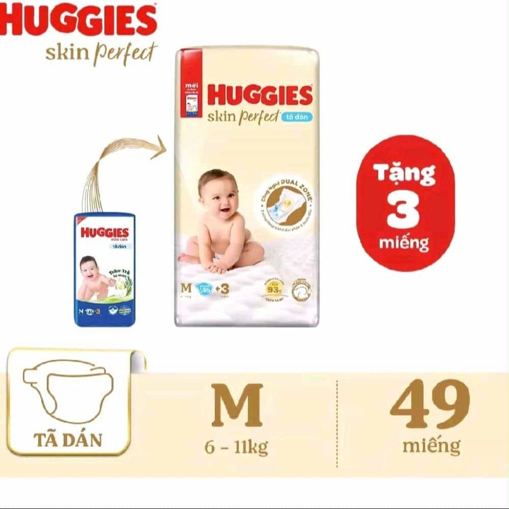Tã/bỉm dán Huggies Skincare Perfect M46+3, Newborn 74 và S54+4 miếng ...