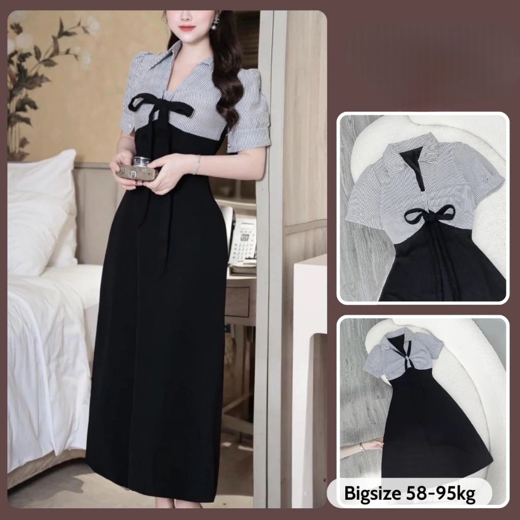[Peinn] Đầm Bigsize Nữ Dáng Dài Cổ Sơ Mi Phối Dây Buộc Nơ Thanh Lịch ...