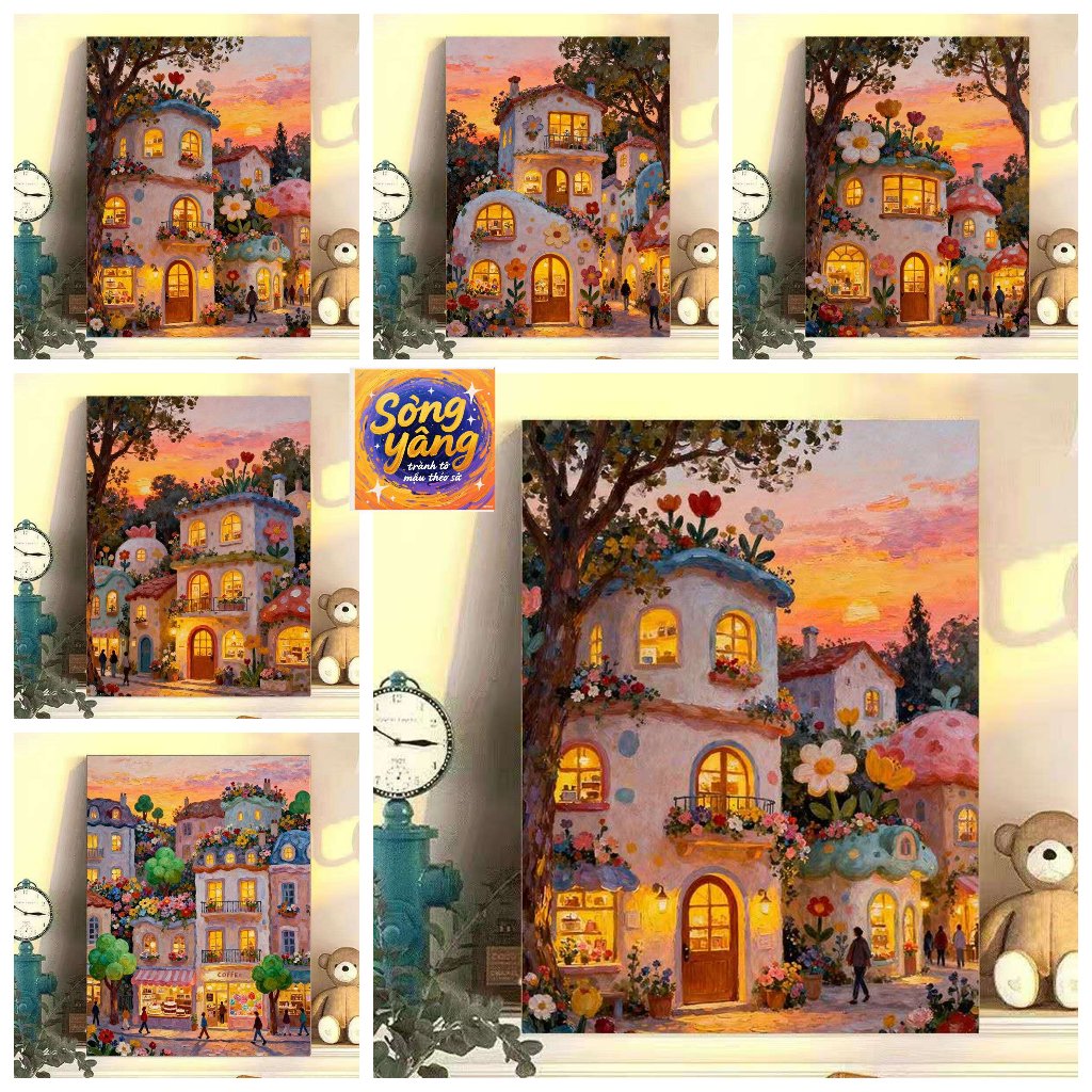 SY-căng khung-/32*40cm/40*50/50*60-tranh tô màu số hoá-tranh tô màu theo số -thị trấn cổ tích ...