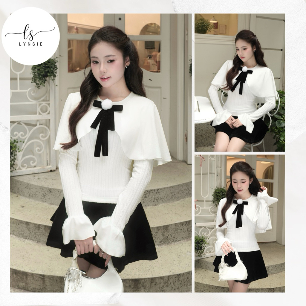 [Mimi set] Set áo len phối cape trắng nơ đính bông kèm chân váy nhung ...