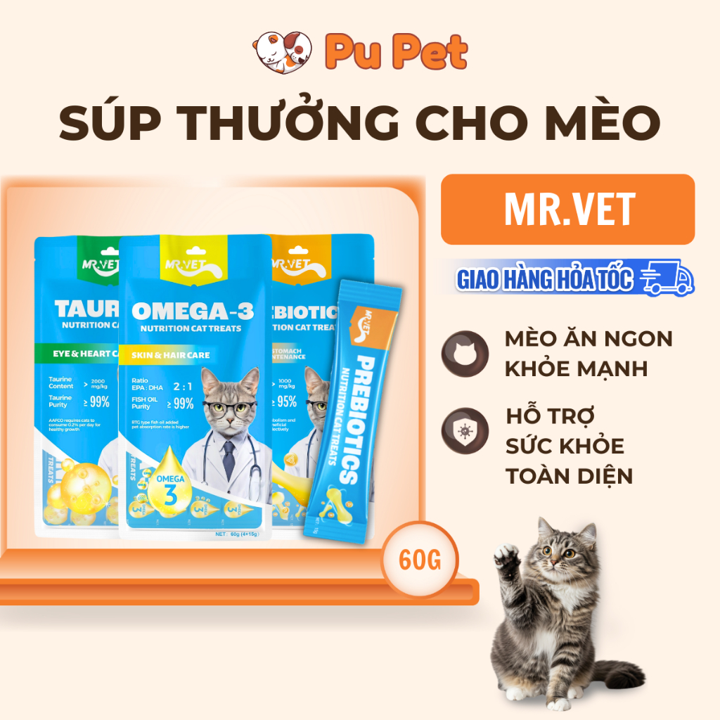 Súp Thưởng Cho Mèo MR.VET Túi 60g (4 Thanh) Bổ Sung Omega 3 Prebiotics ...