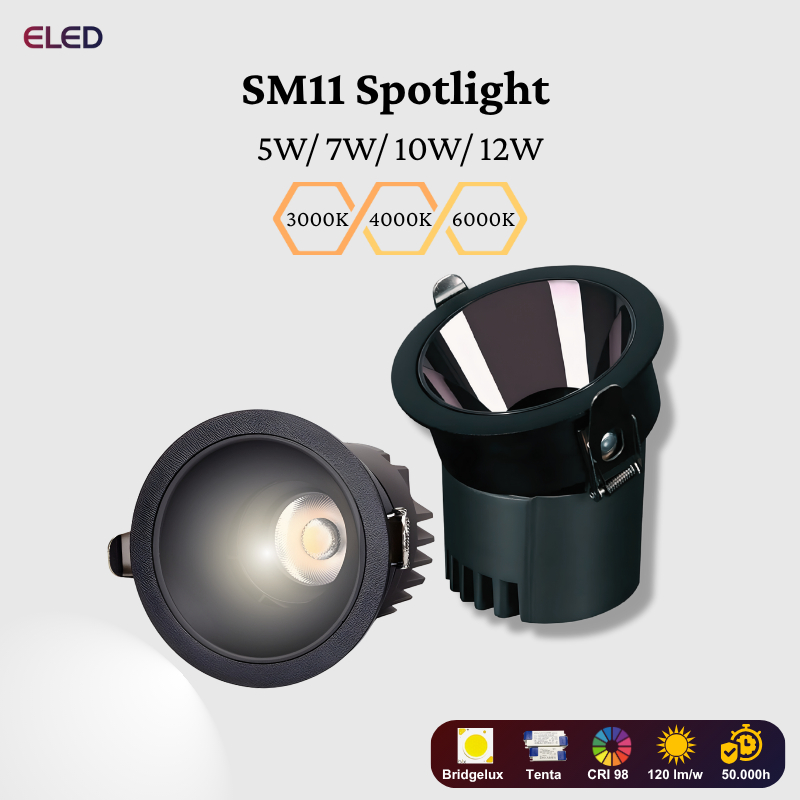 Đèn âm trần spotlight SM11 chóa đen chống chói, độ hoàn màu cao RA≥98 ...