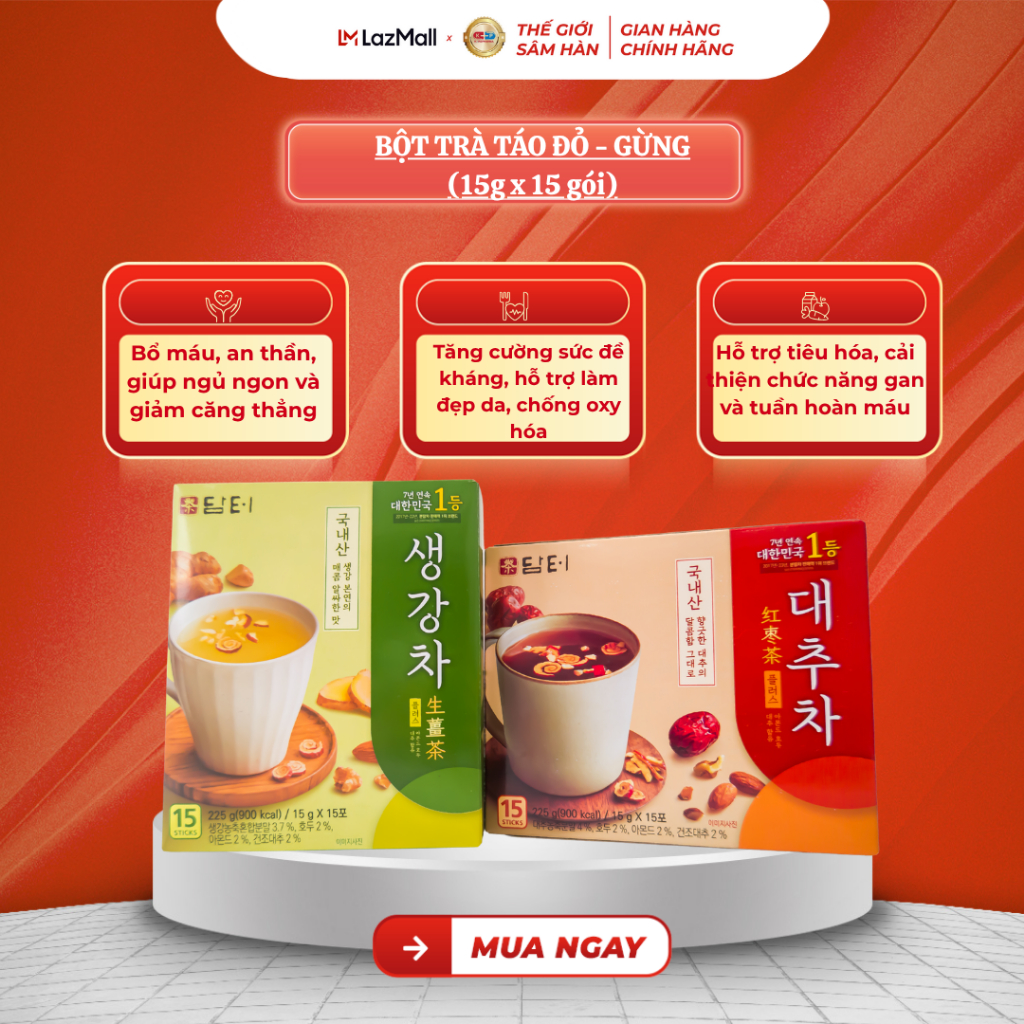 Trà Gừng - Táo Đỏ Hoà Tan Damtuh Hàn Quốc (15 gói x 15gr) - Korepharma ...