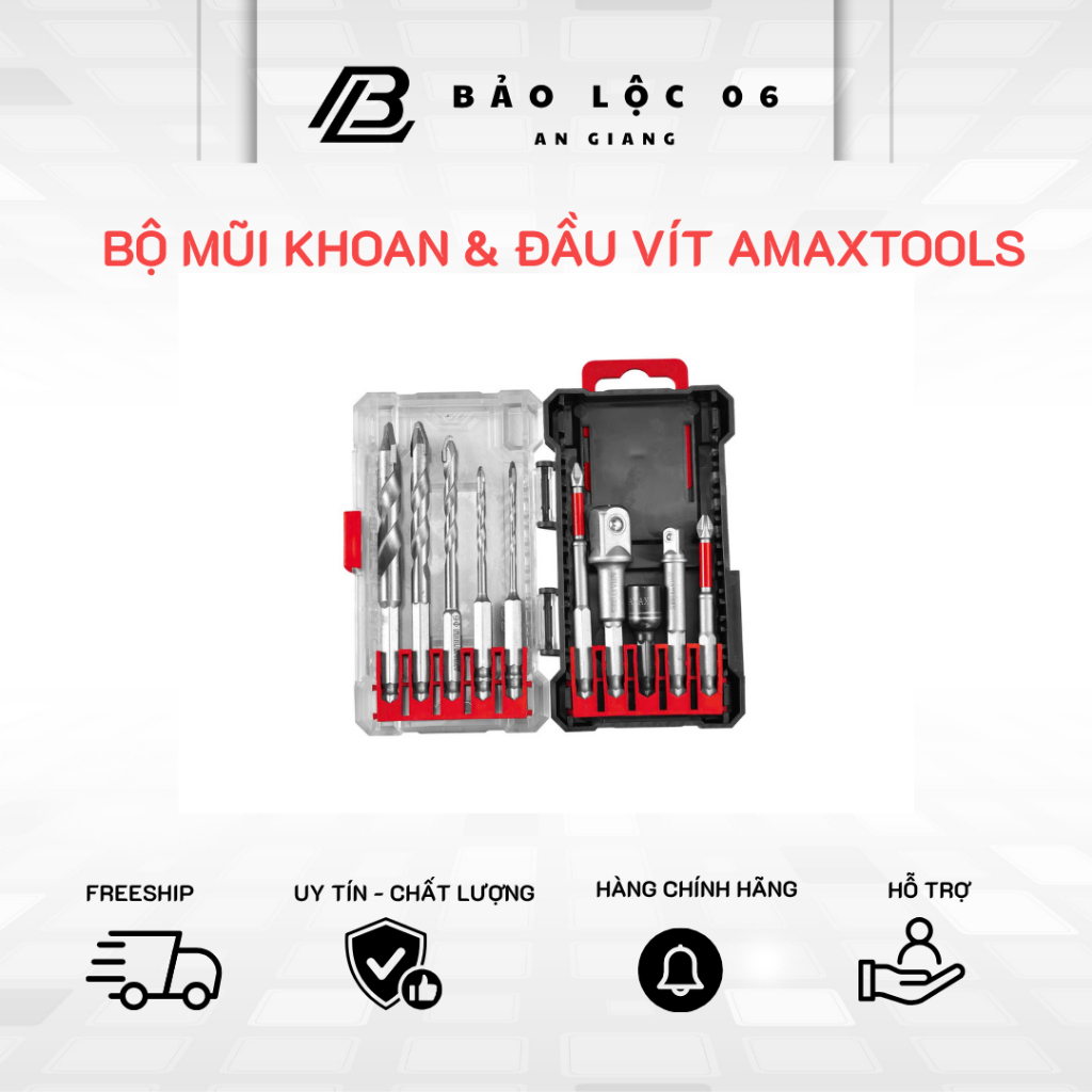 BỘ AMAXTOOLS: mũi khoan 3-4-6-8-10mm, đầu chuyển 1/2 & 1/4, đầu bắn tôn ...