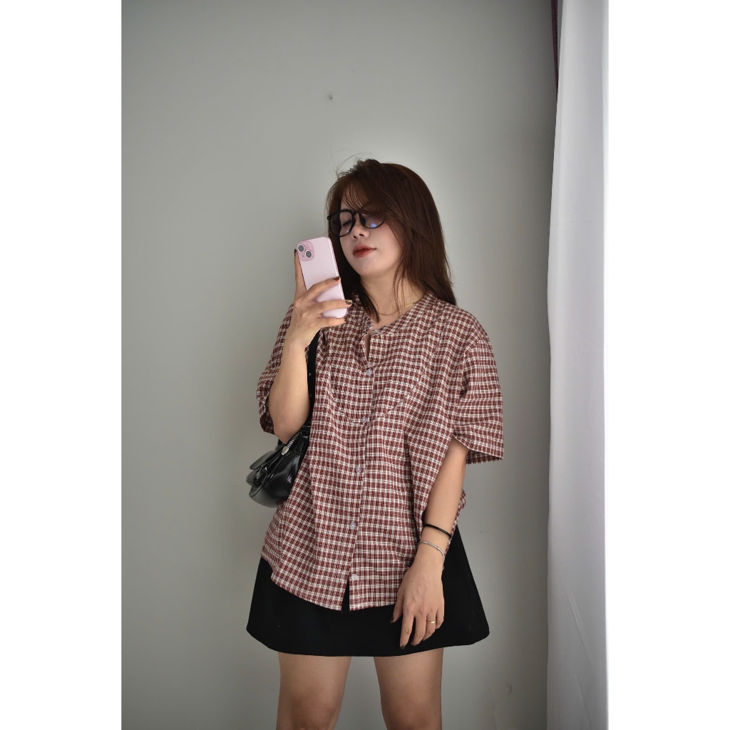 (Sơ mi CARO) Áo sơ mi ngắn tay cổ đức hoạ tiết caro đỏ bigsize 80kg ...