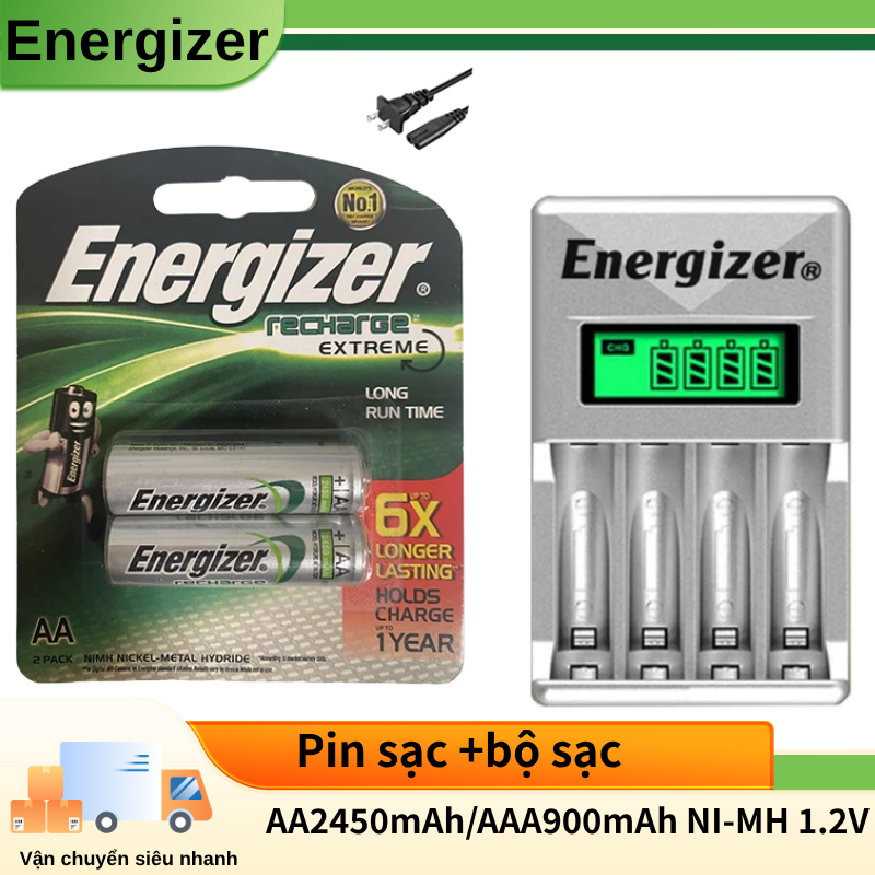 Vỉ 2 Viên Energizer Pin Sạc NI-MH 1.2V AA2450mAh/AAA900mAh Pin Bộ Sạc nguyên bản 100% Sản xuất ...
