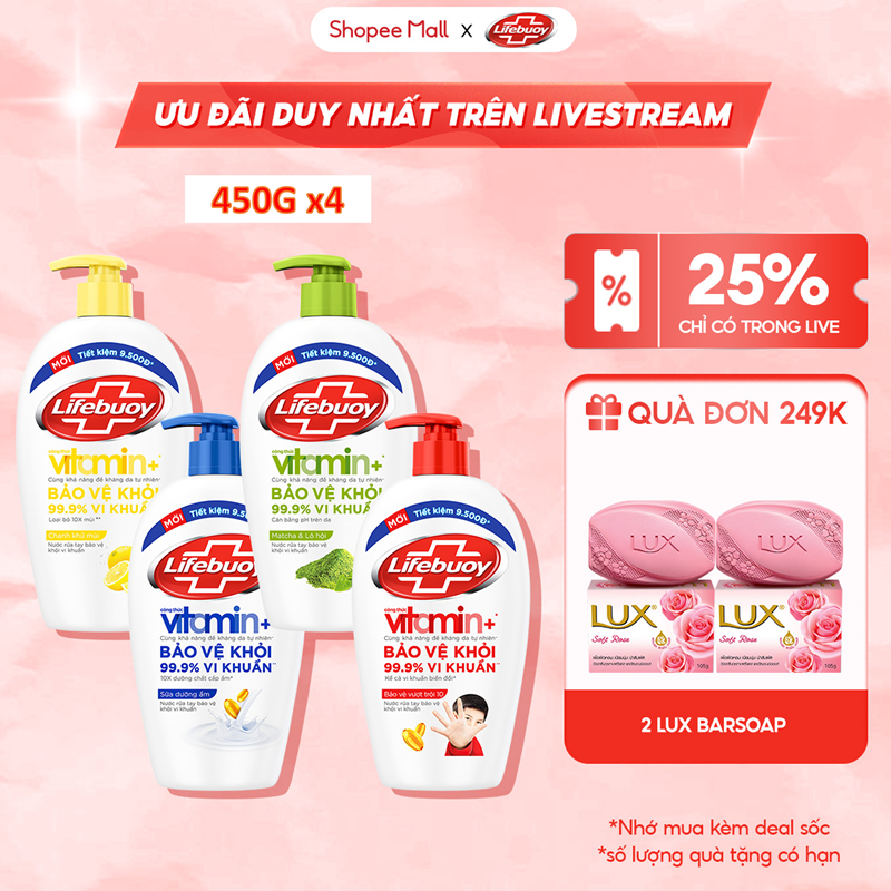 [HANNAH LIVESTREAM] Combo 4 chai Nước rửa tay Lifebuoy bảo vệ khỏi 99,9 ...