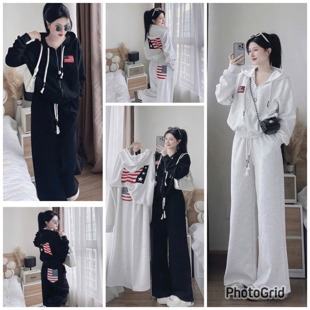 (Size40kg-55kg) Sét bộ nỉ nữ dáng thể thao thu đông dài tay có nón in hình mix quần dài ống ...