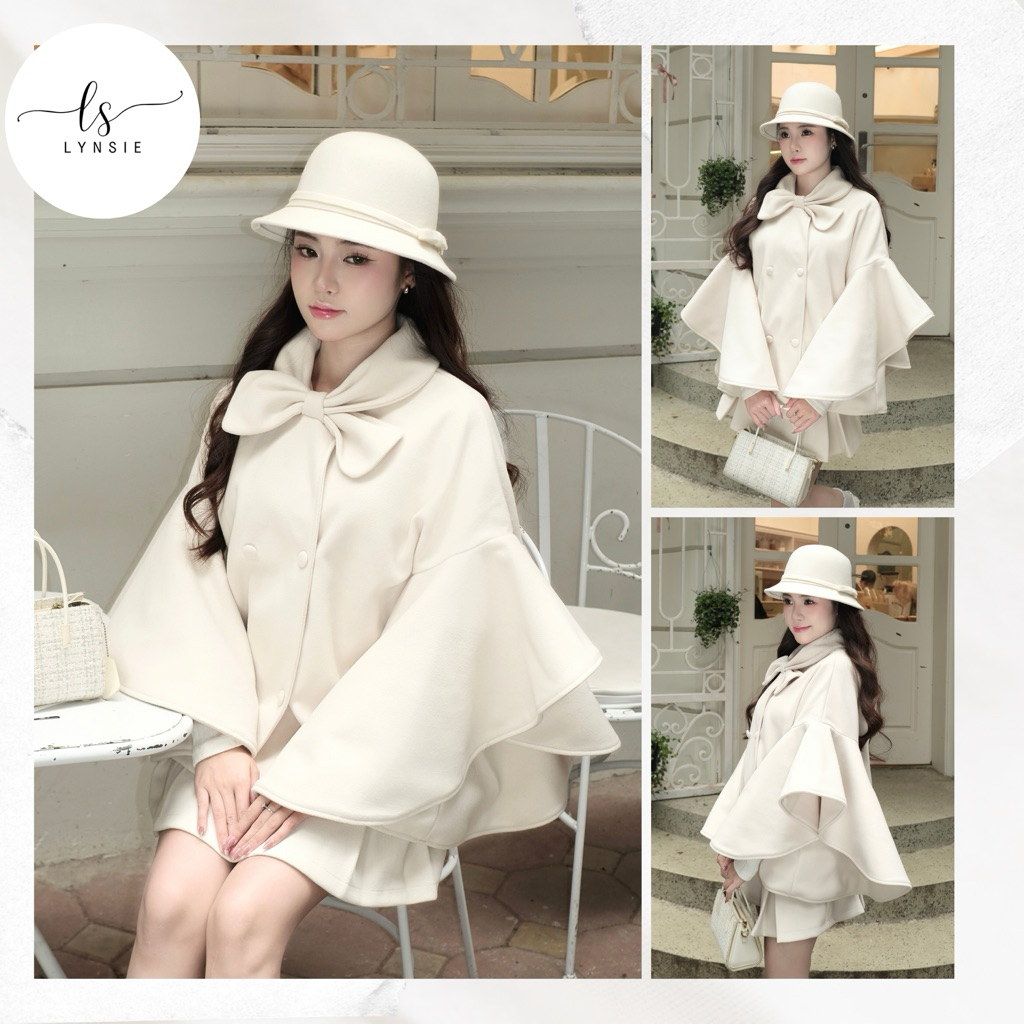 [Yumi set] Set áo choàng dạ kem tay loe nơ cổ tiểu thư kèm chân váy gập ...