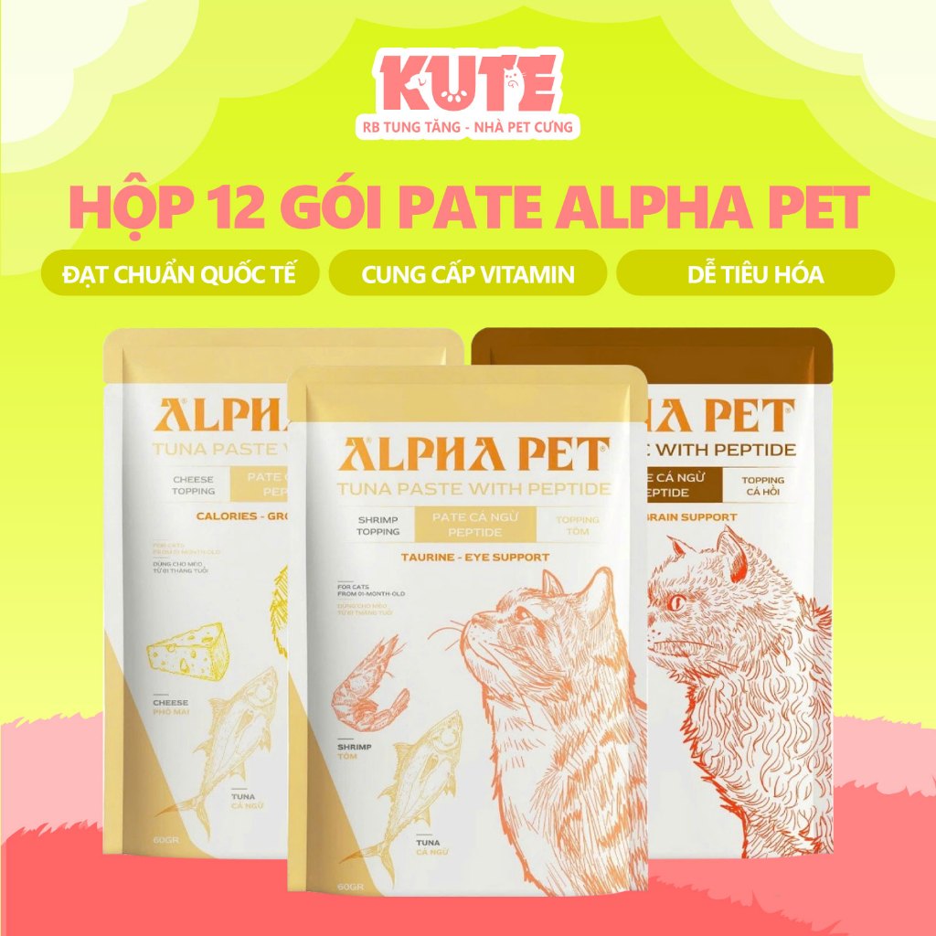 [Hộp 12 gói] Pate Alpha Pet gói 60g cho mèo vị cá ngừ peptide kết hợp ...