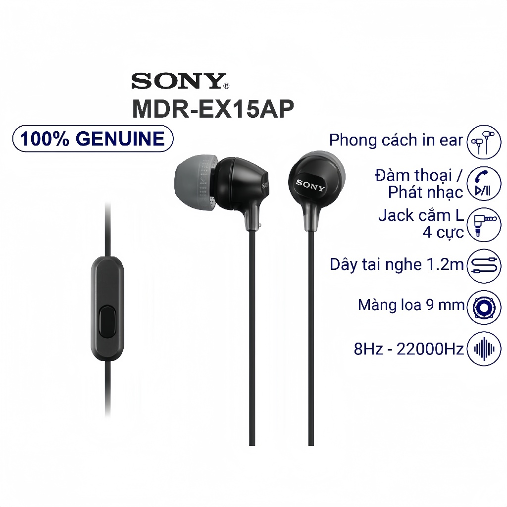 Tai nghe có dây Sony MDR-EX15AP - Hàng chính hãng - Dây dài 1.2m, thiết ...