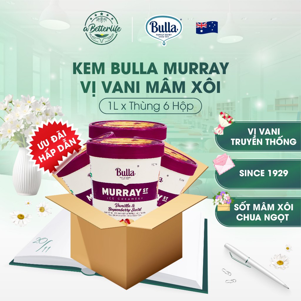 Thùng 6 hộp kem vani mâm xôi Úc Bulla Murray Vanilla & Boysenberry ...