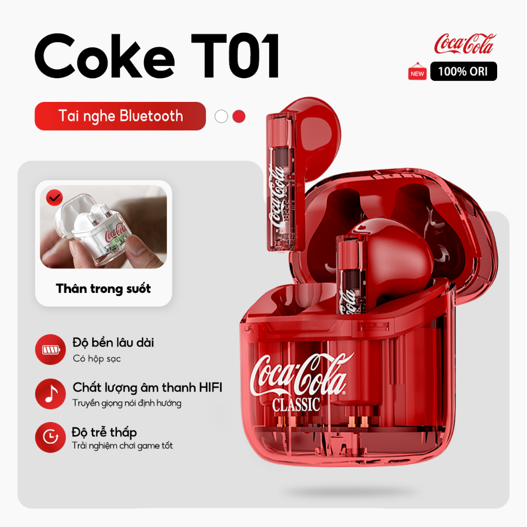 Tai nghe Bluetooth 5.4 TWS Coca-Cola T01 | Mic điều khiển cảm ứng, thời ...