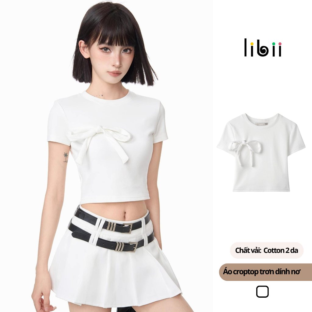 Áo kiểu nữ gắn nơ màu trắng LIBII dáng áo croptop hở eo ôm sát tôn body ...