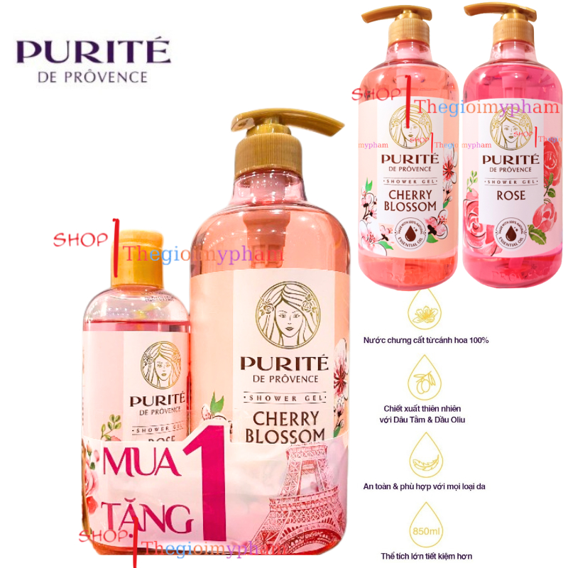 [Kèm tặng hoặc trơn]Sữa Tắm Purité ,Purite Hương Anh Đào/Hoa Hồng 850ml ...
