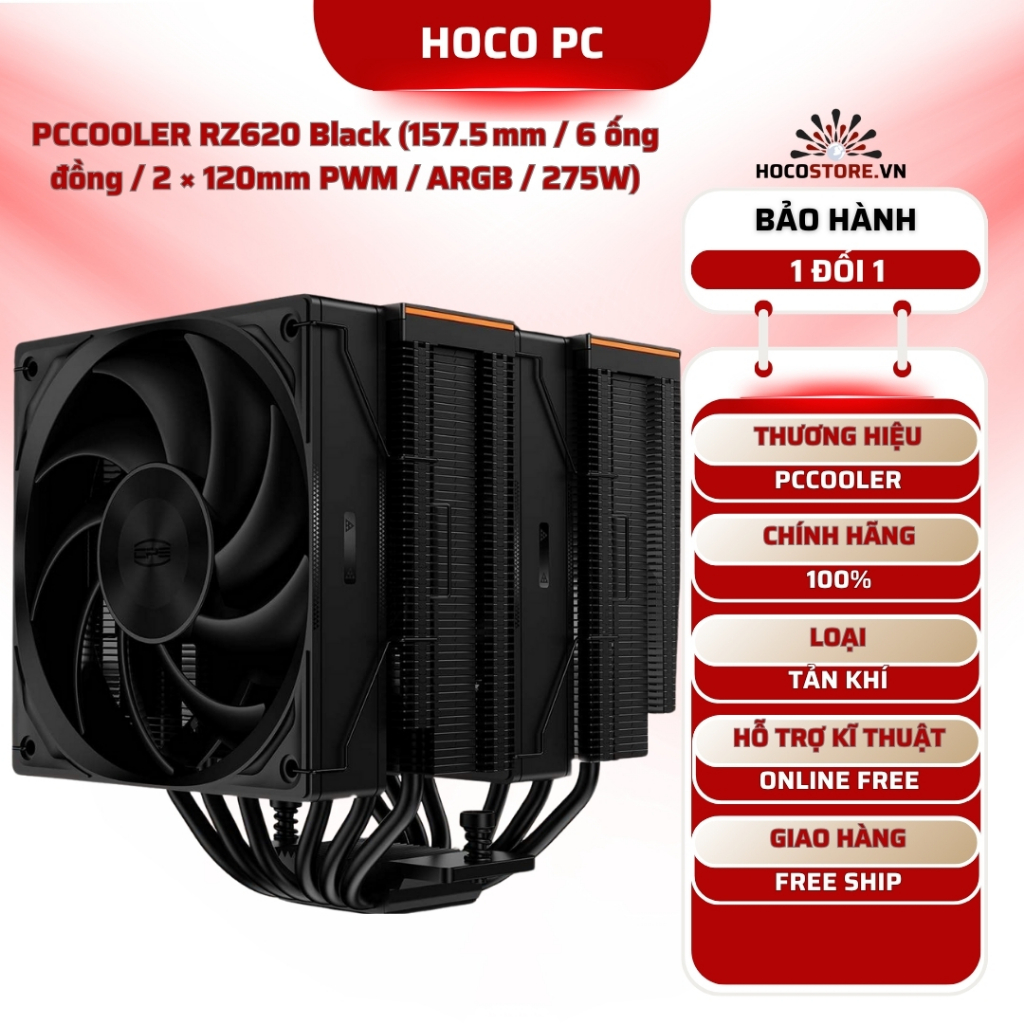 PCCOOLER RZ620 Black (275W / Dual Fan 120mm 500–2000RPM / 130×142.5×157 ...