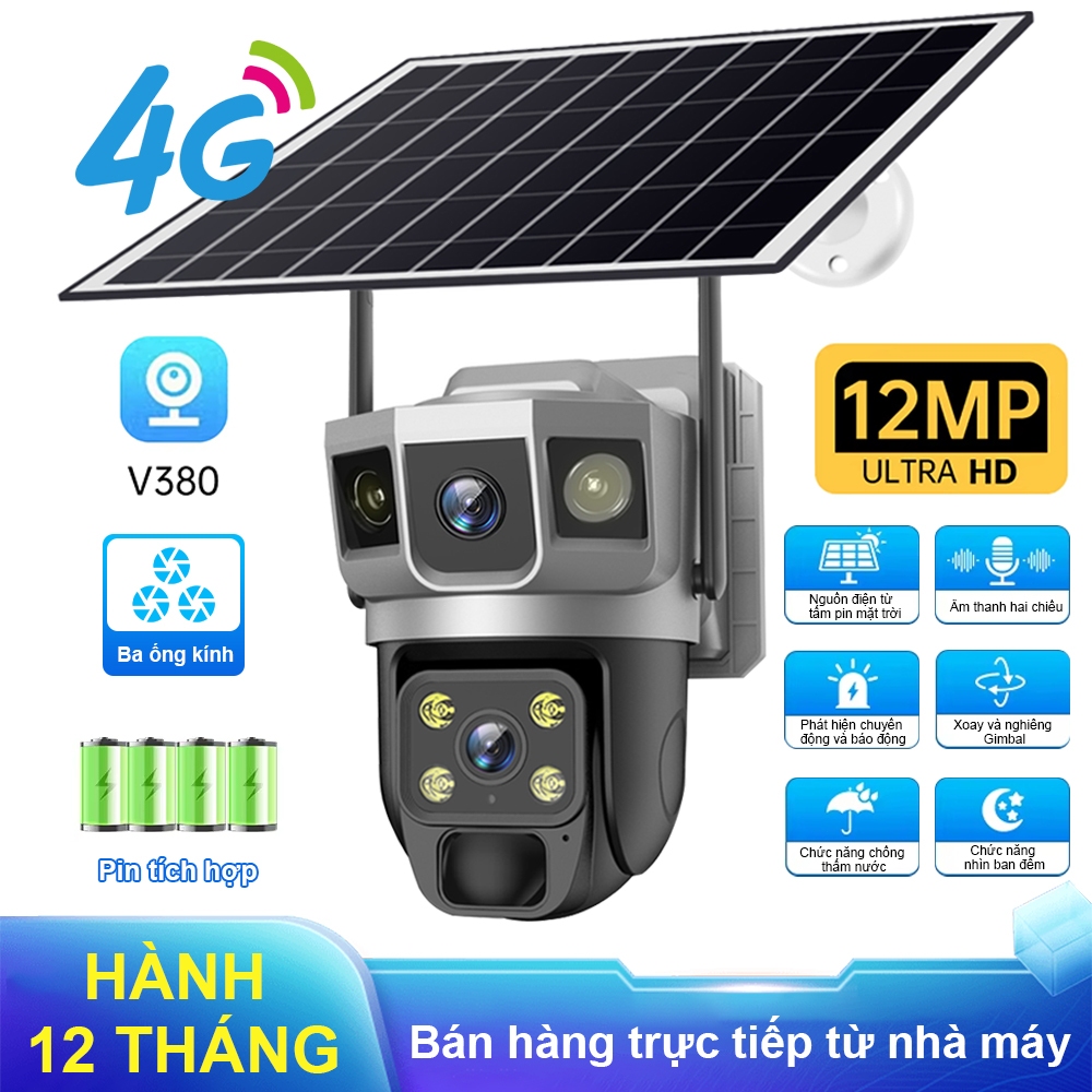 (BH 1 NĂM) Camera 4G Năng lượng mặt trời 360 độ, Tích Hợp 3 Ống Kính ...