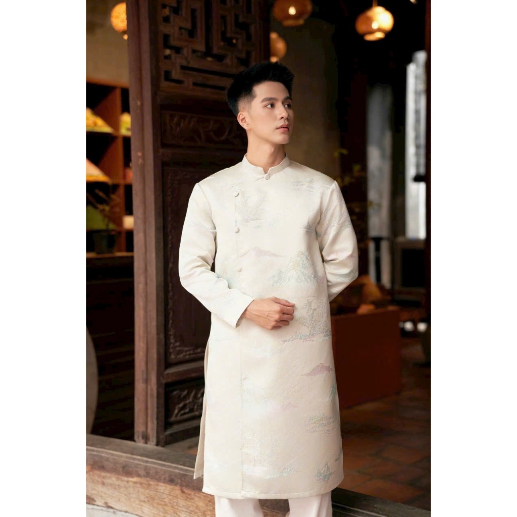 Áo Dài Nam Áo Dài Bê Tráp Nam Màu Trắng Be Vân Gấm Nam Tính Lịch Lãm ...