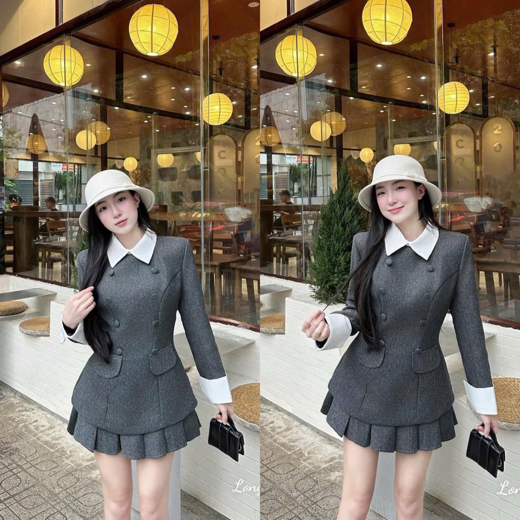Váy Nữ ,Sét Váy Dạ Cổ Sơ Mi Hai Màu Đen Ghi Đính Nơ Trước Ngực Phối ...