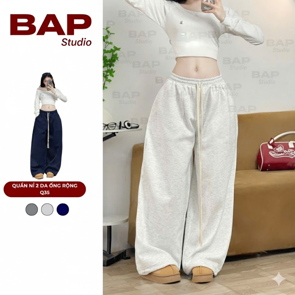 BAP STUDIO Quần nỉ 2 da LOẠI 1 ống rộng suông phong cách streetwear Hàn ...