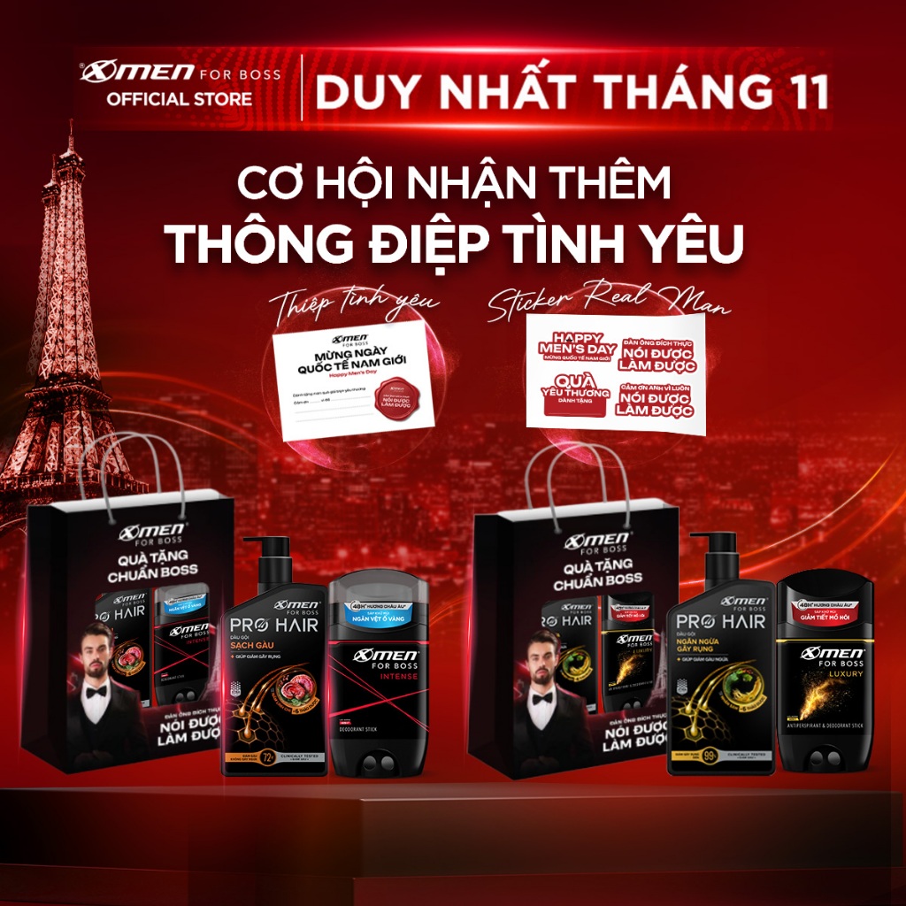 [Túi quà] Set Quà Tặng Dầu gội nam Xmen for Boss Pro Hair 350g và Sáp khử mùi 70g/80g, lưu hương ...