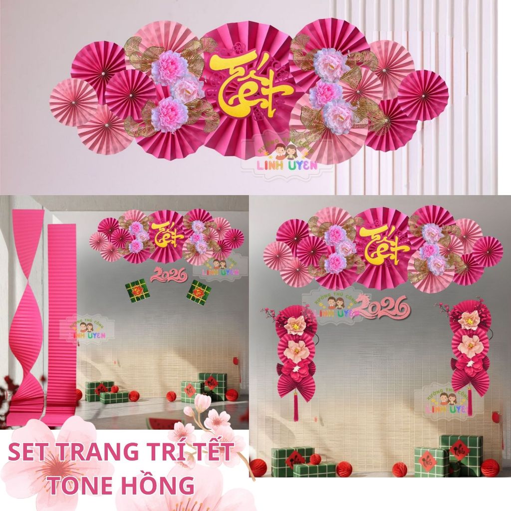 Set Trang Trí Tết 2026 Bộ Decor Trang Trí Tết Tone hồng, Mành Treo ...