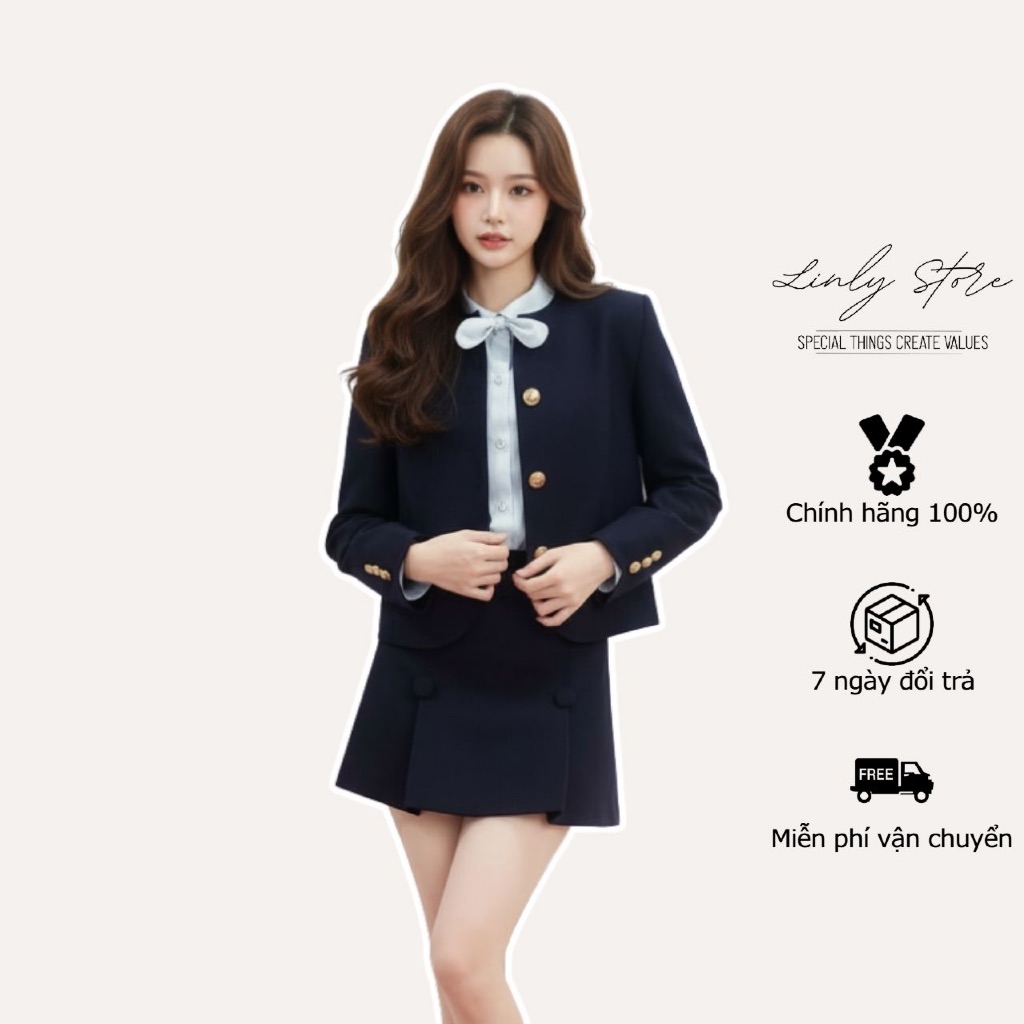 Áo khoác thiết kế dáng lửng phối cúc xanh than, áo blazer nữ cổ tròn tiểu thư Linly Store A ...