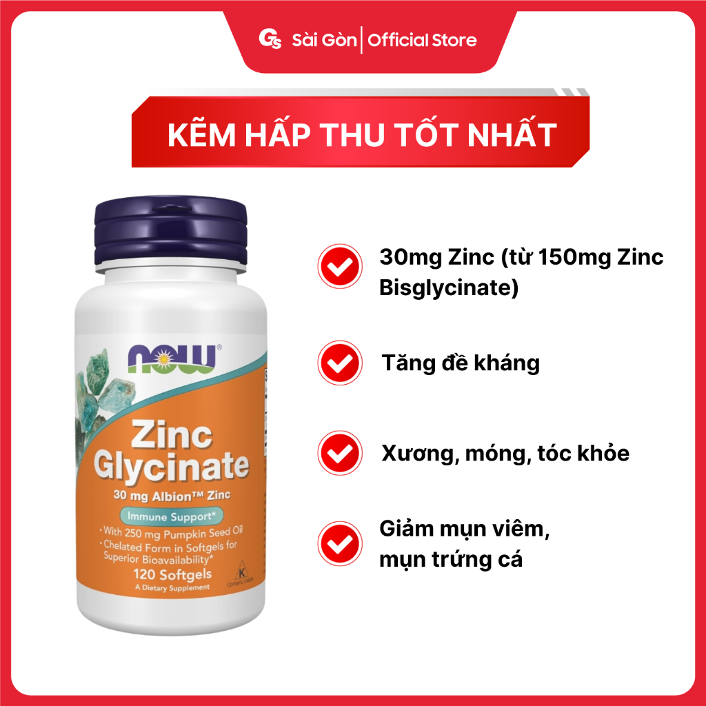 Viên uống kẽm NOW Zinc Glycinate 30 mg Albion TRAACS Zinc,hỗ trợ tăng ...