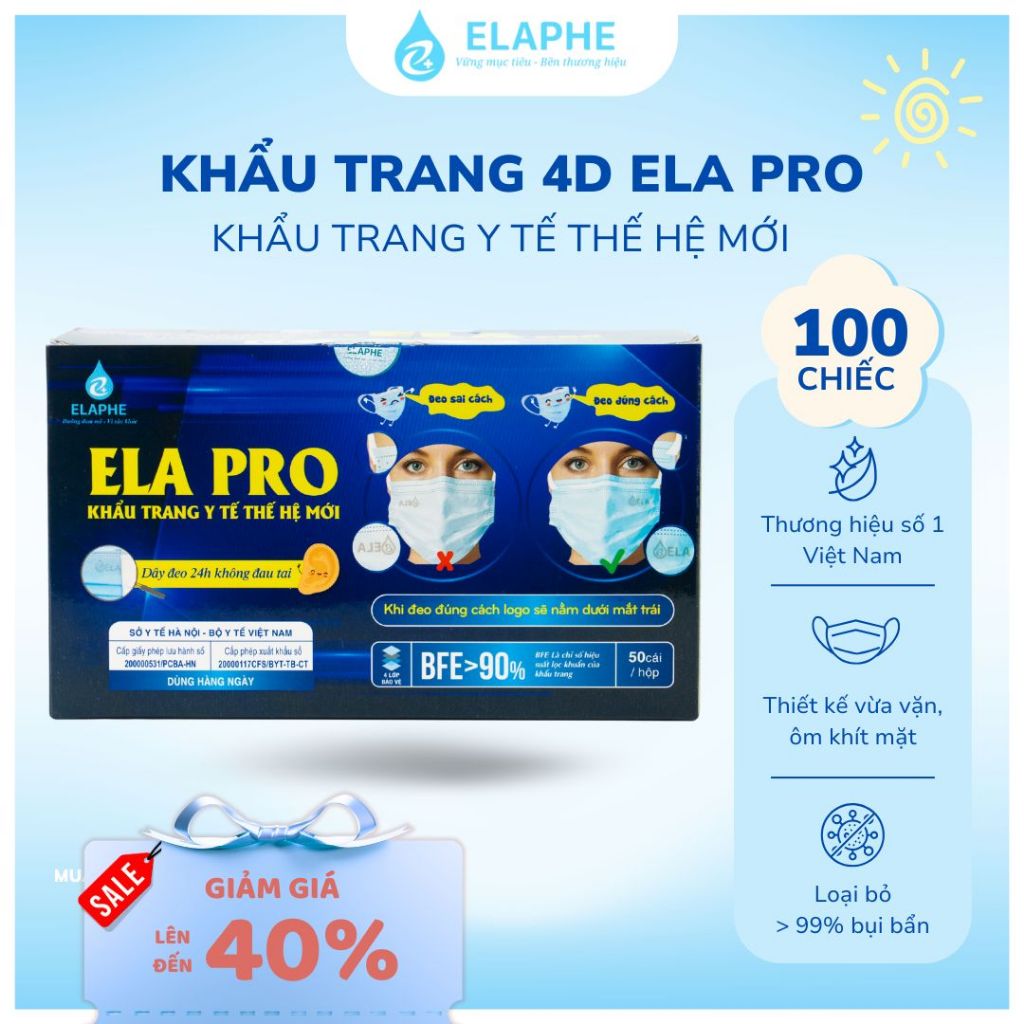 Hộp 100 khẩu trang y tế 4 lớp ELA PRO ngăn ngừa các loại bệnh liên quan ...