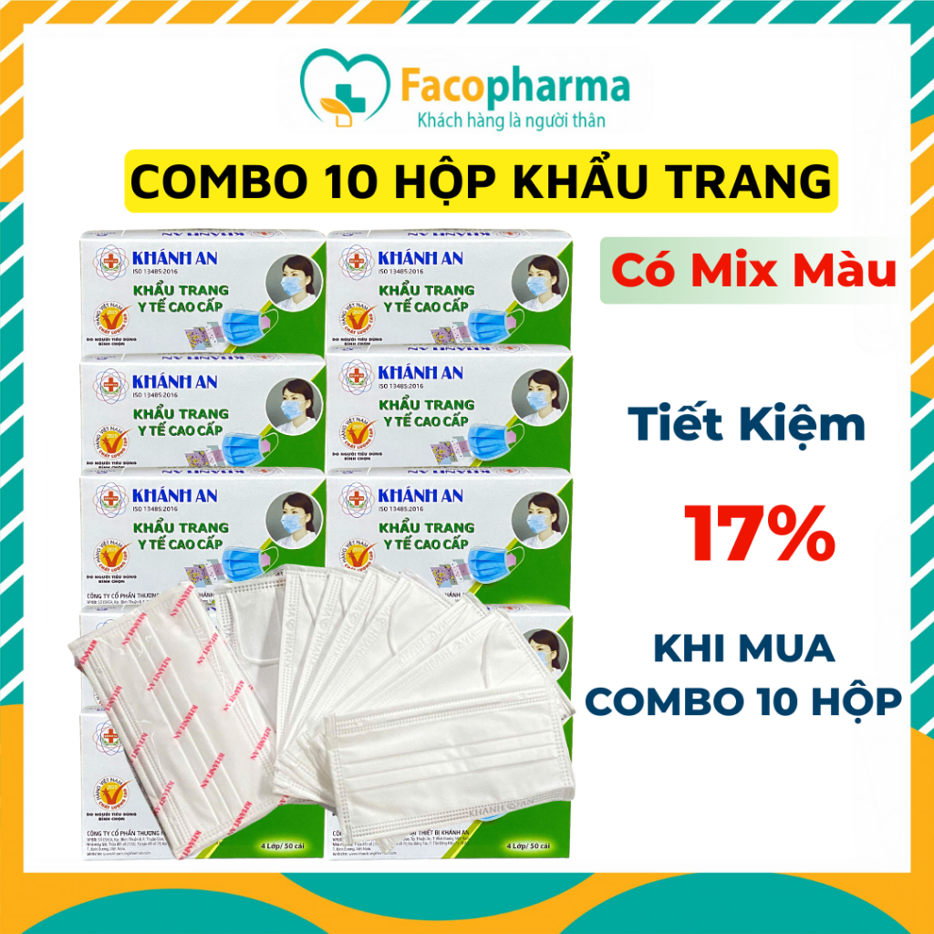Combo 10 hộp khẩu trang y tế Khánh An kháng khuẩn 4 lớp ngăn bụi vi ...