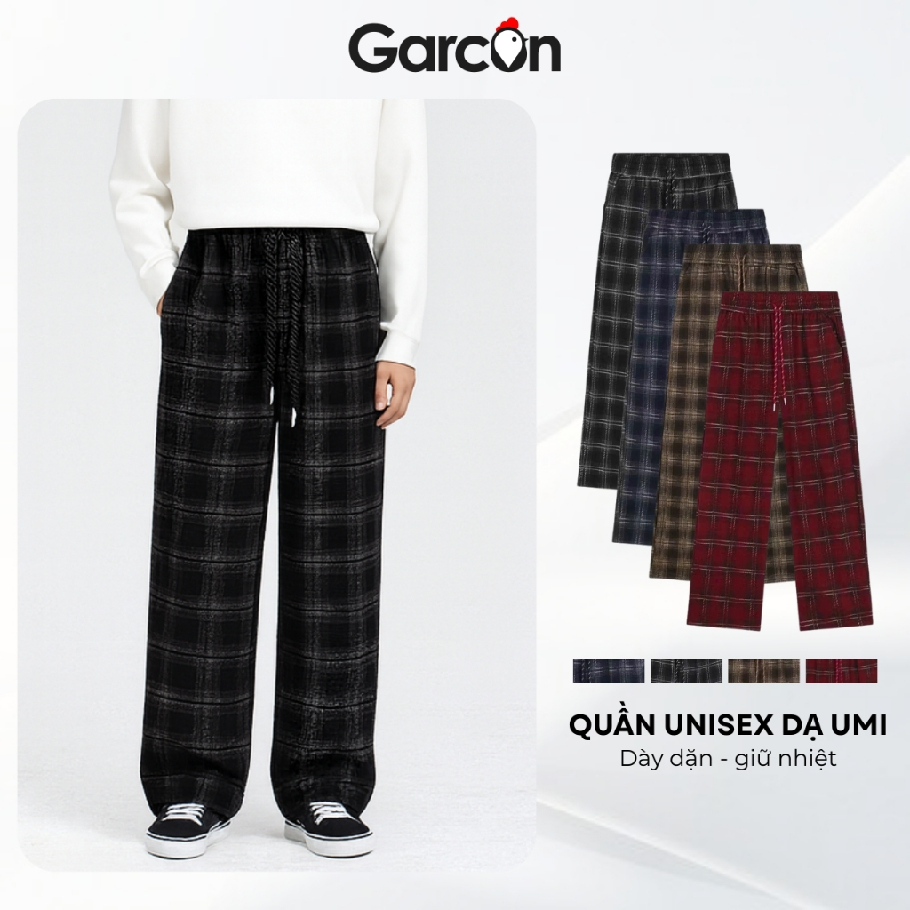 Quần nam ống suông sọc caro GARCON vải dạ umi dày dặn, quần vải dài đi ...