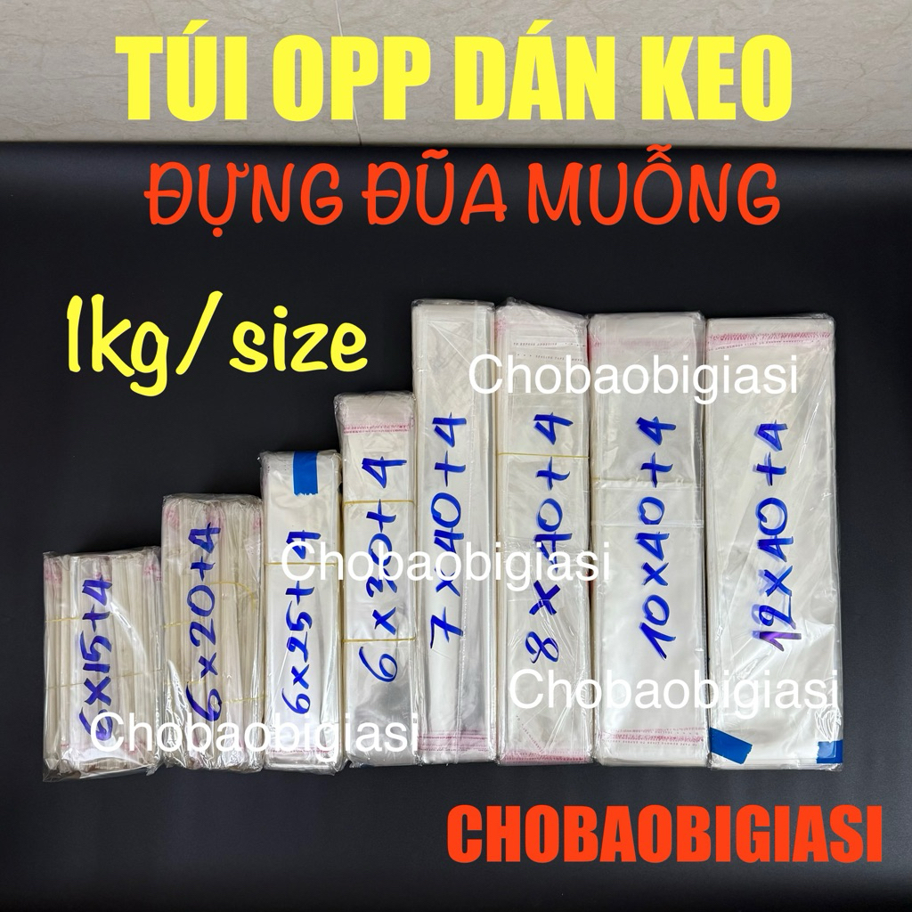 1kg Túi OPP dán keo đựng đũa, muỗng, giấy size 6x25cm + nắp4cm (phủ bì ...