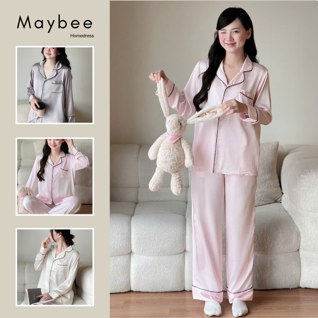 Set đồ ngủ lụa trơn viền né Maybee Homedress | Shopee Việt Nam