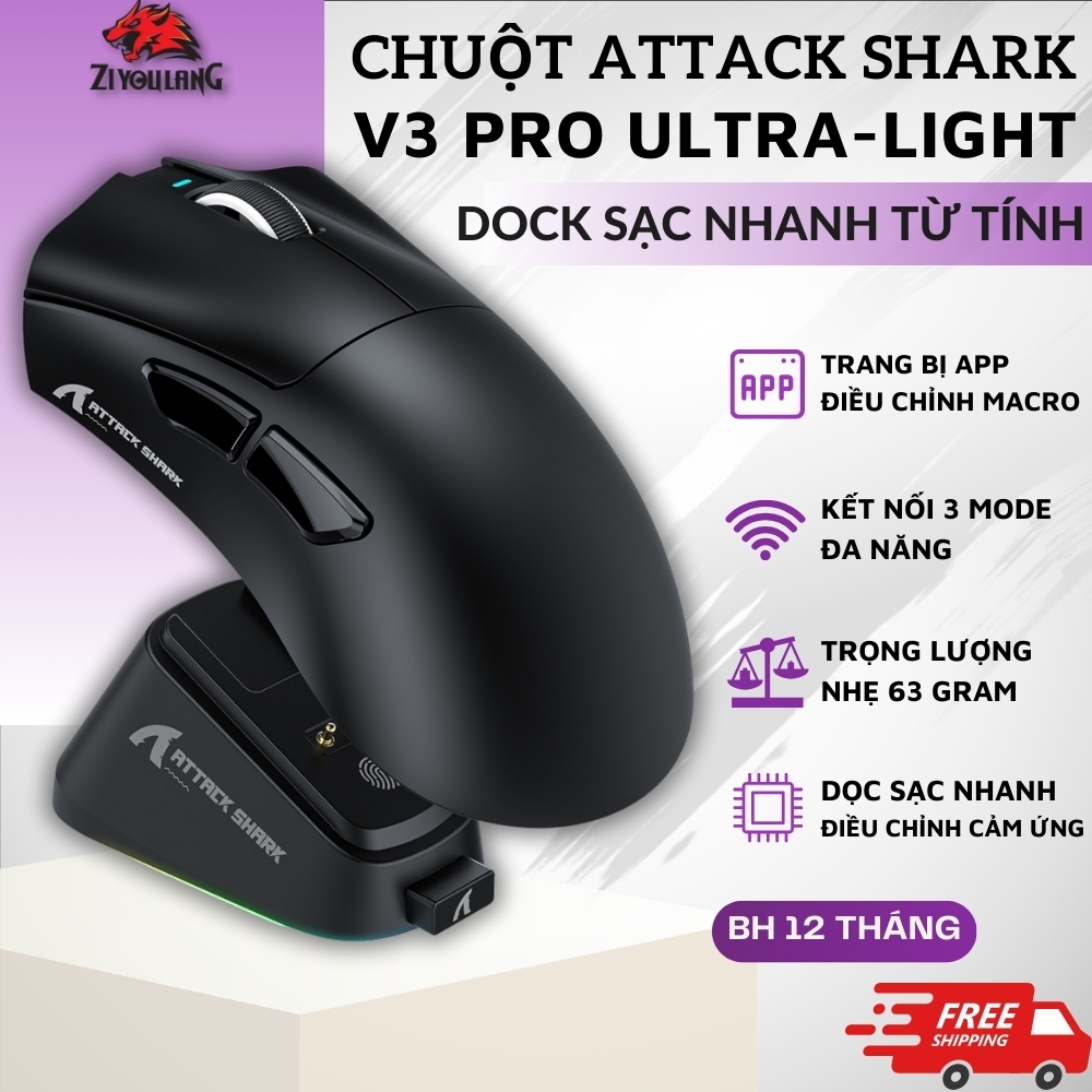 Chuột Không Dây Attack Shark V3 Pro – 25.000 DPI, Siêu Nhẹ 62g, PAW3311 ...