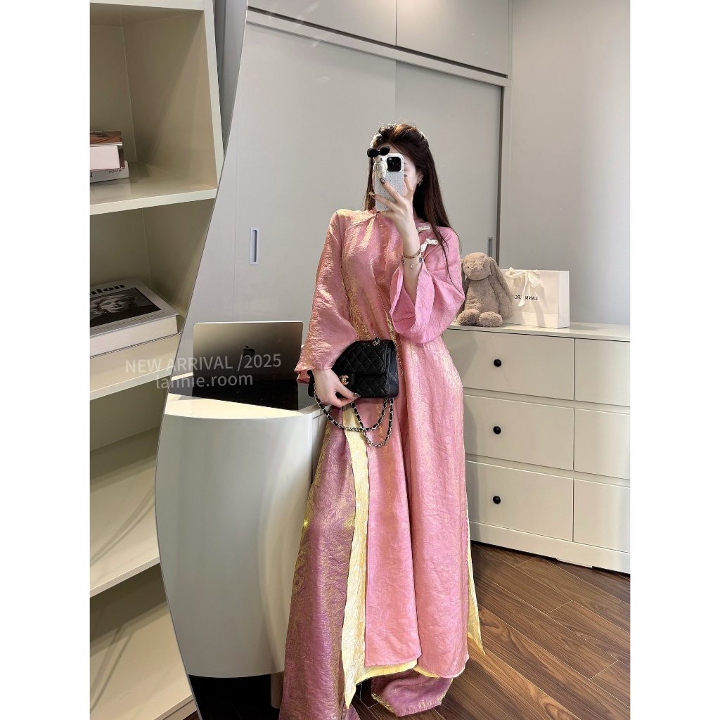 trendy- set áo dài tay tơ tằm gấm mix quần suông hack dáng | Shopee ...