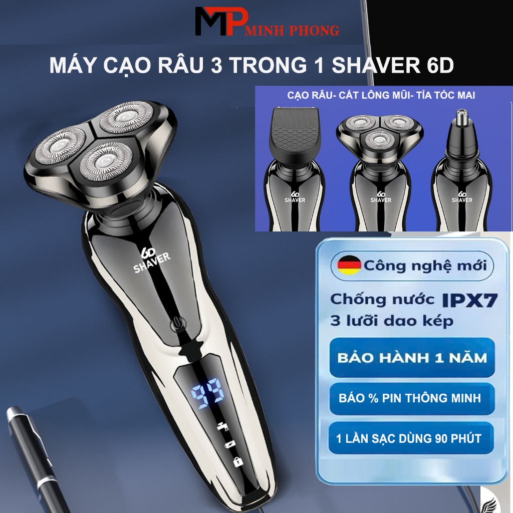 Máy cạo râu đa năng 3 lưỡi dao SHAVER 6D 1168, thiết kế sang trọng, đèn báo pin hiện đại, chống ...