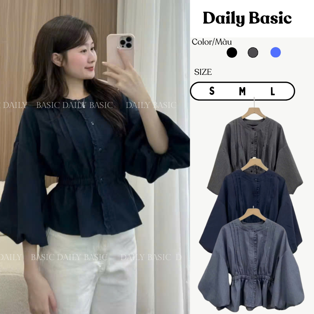 Áo Sơ Mi Xếp Li Trước Cúc Dọc Viền Bèo Chun Eo Tay Bồng, Áo Kiểu ...