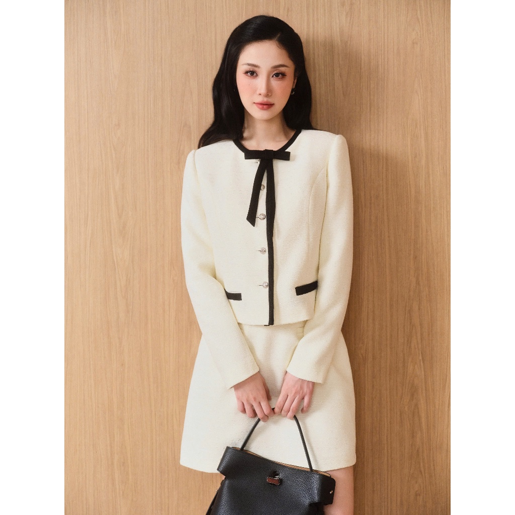 (Winter Chapter 2) Áo dạ tweed phối nẹp đen, có nơ, chất liệu cao cấp ...