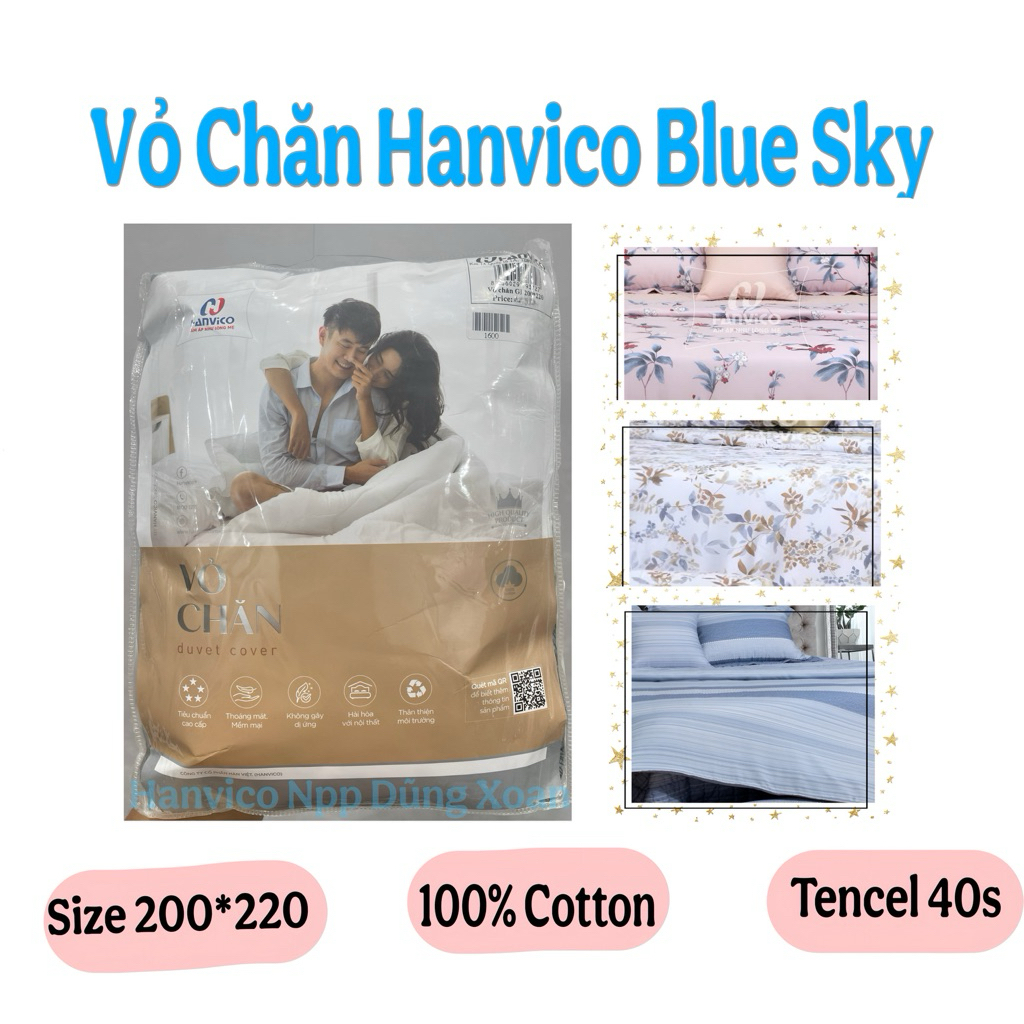 Vỏ chăn 200*220cm khóa kéo Hanvico Blue Sky Cotton / Tencel cao cấp ...