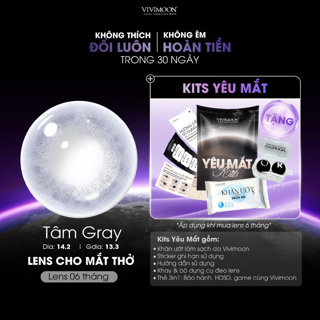 Kính áp tròng VIVIMOON màu xám TÂM GRAY, lens cận cho mắt thở, hạn sử ...