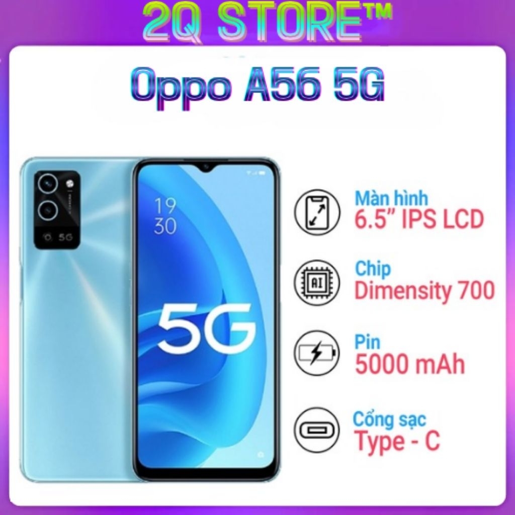 Điện thoại Oppo A56 5G, màn hình 6,5 inch HD+, ram 8/256GB, chip MTK ...