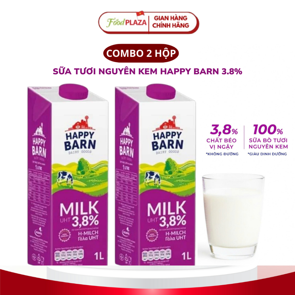 [Combo 2 Hộp] Sữa Tươi Nguyên Kem Happy Barn 3.8% 1L Béo Ngậy, Giàu ...