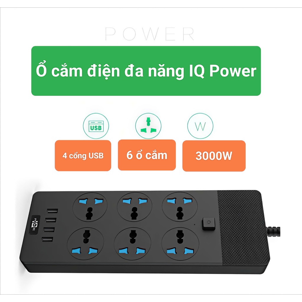 Ổ Cắm Điện IQ Power 3000W – 6 Ổ Cắm Đa Năng + 4 USB – Dây 2m – Chất ...