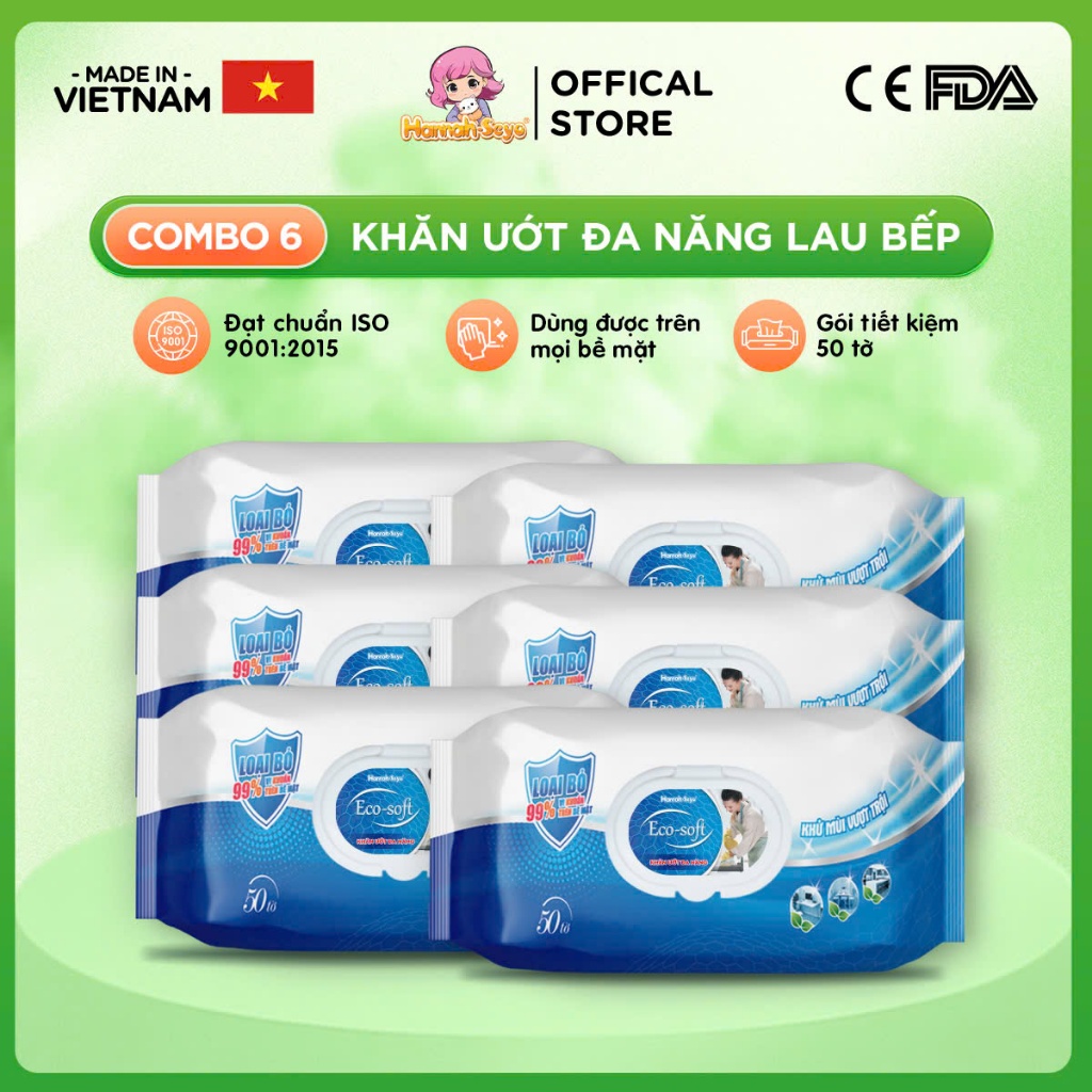 Khăn Ướt Lau Bếp Ecosoft - 6 Gói Khăn Ướt Xanh Việt 50 Tờ Hương Bạc Hà Hannah Seyo | Shopee Việt Nam