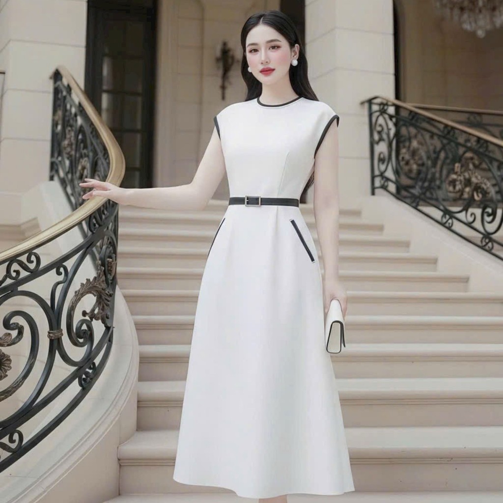 Đầm thiết kế dự tiệc công sở cao cấp trắng viền đen thời trang thanh ...