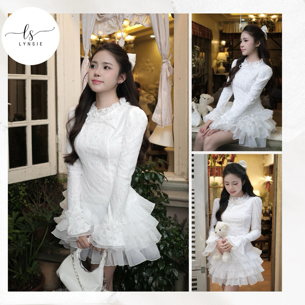 [Lily Dress] Váy trắng ren tay xoè phối tơ cổ nhún tiểu thư (Ảnh thật ...