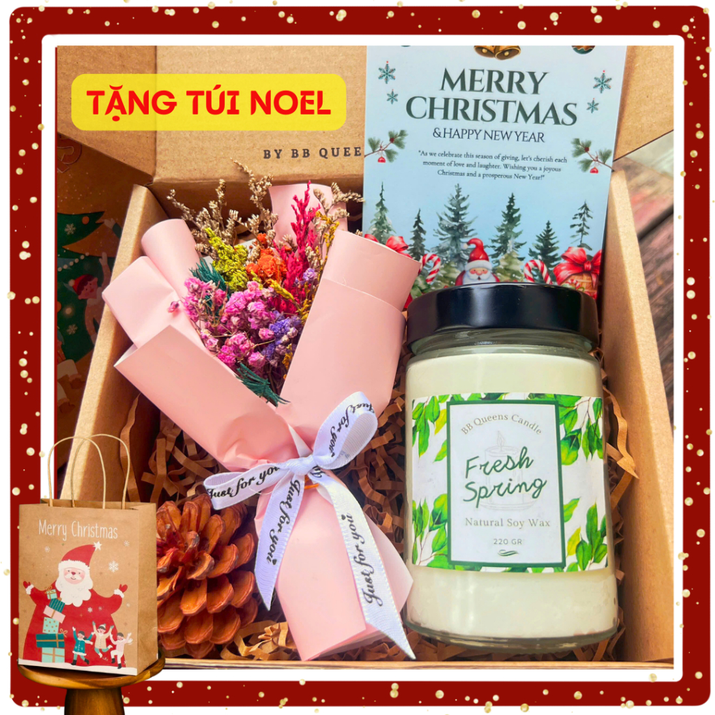Set Quà Noel Nến Thơm 100gr và Bó Hoa Khô tặng Dịp kỉ niệm , Sinh nhật ...