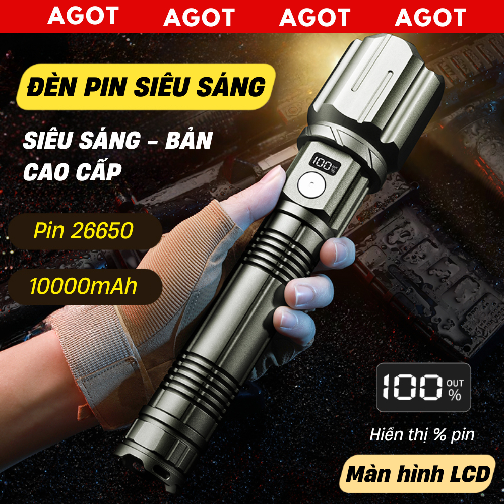 Đèn pin cầm tay siêu sáng AGOT hợp kim nhôm, hiển thị màn LCD, pin ...