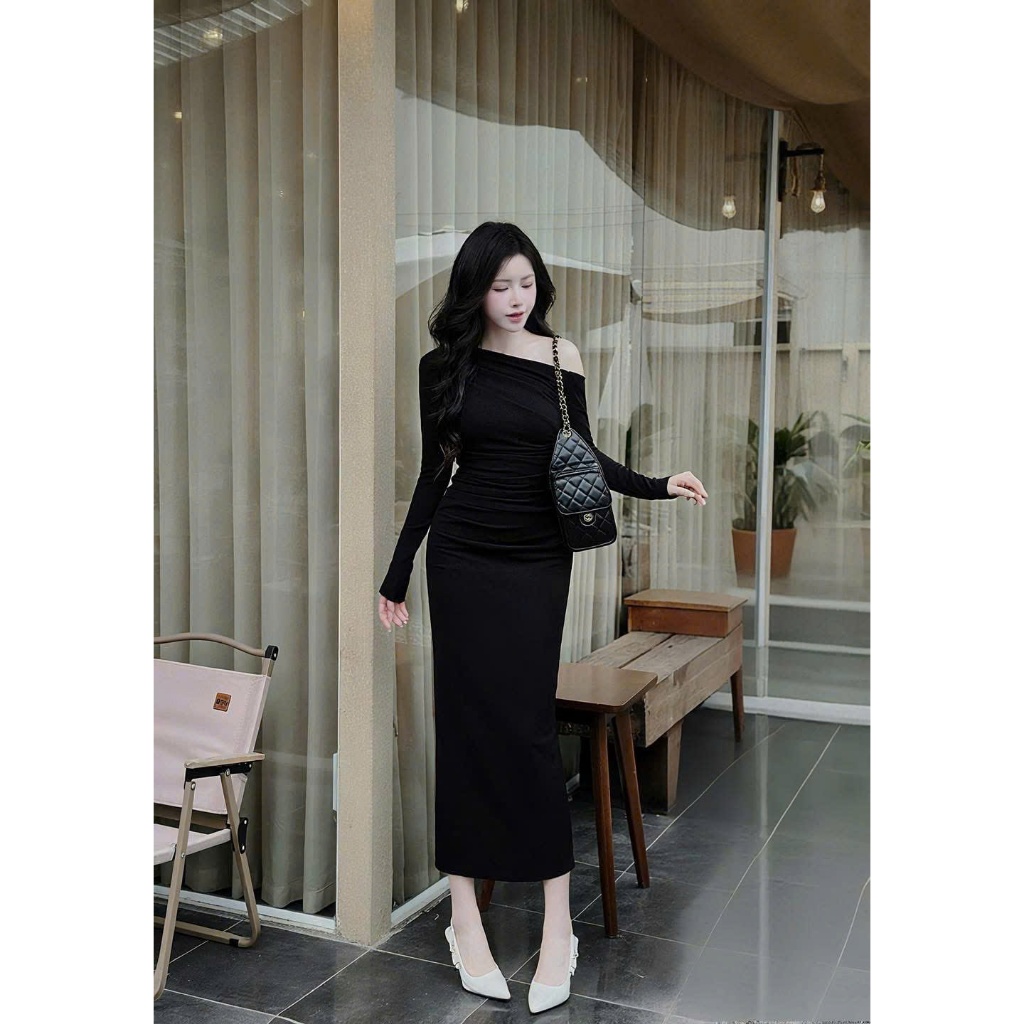 Đầm Body Nữ Lệch Vai Dài Tay MINION D235, Váy Nữ Thiết Kế Dáng Dài Ôm ...