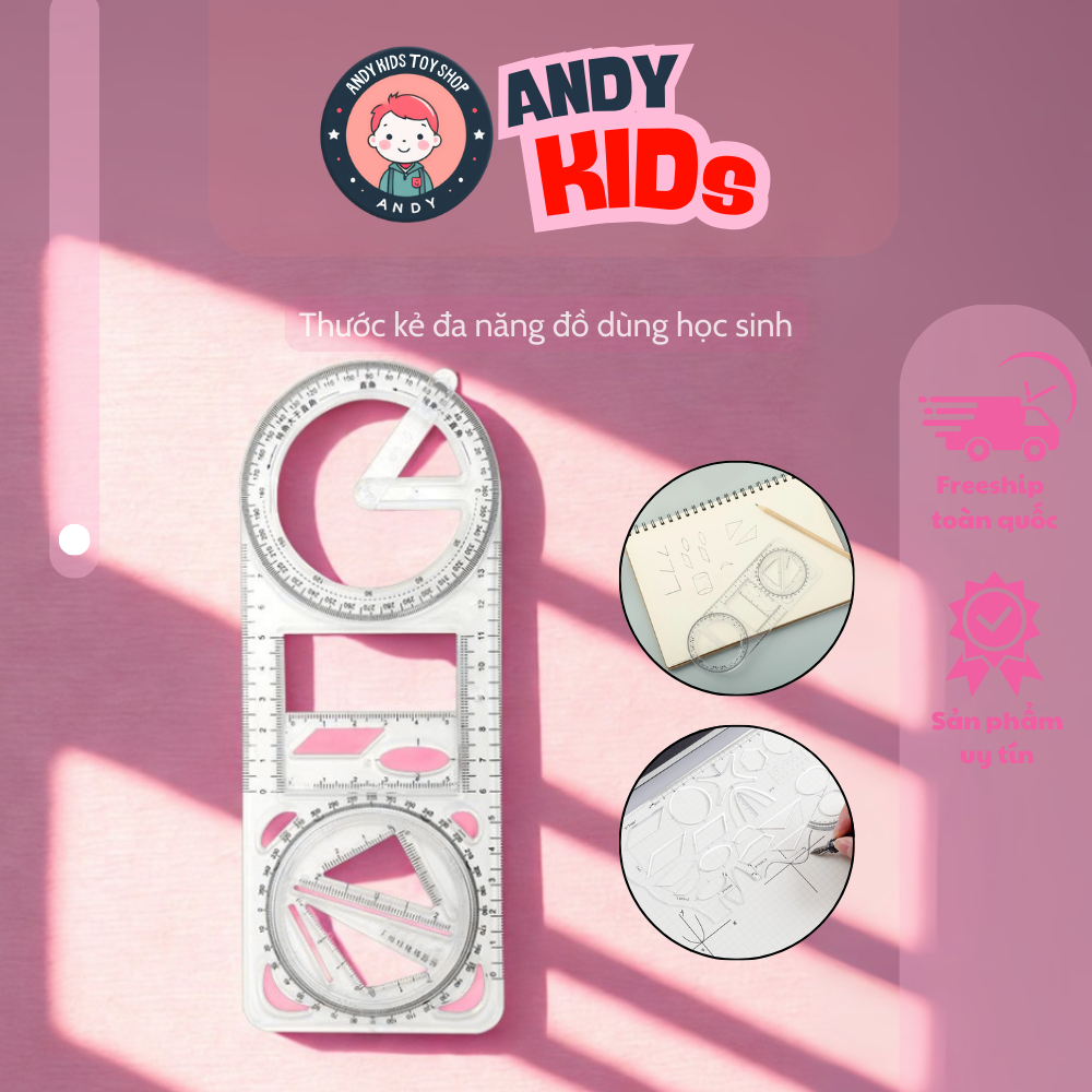 Thước kẻ đa năng tích hợp 5 trong 1 ANDY KIDS vẽ được nhiều hình học ...